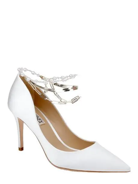 Badgley Mischka Verna Chain Ankle Strap Pointed Toe Pump - White Satin