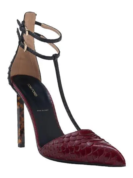TOM FORD Snakeskin T-strap Pumps - Ruby Red/black