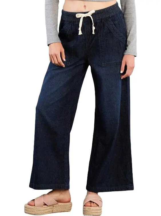 HINT OF BLU Wide Leg Drawstring Jeans - Stitch Blue