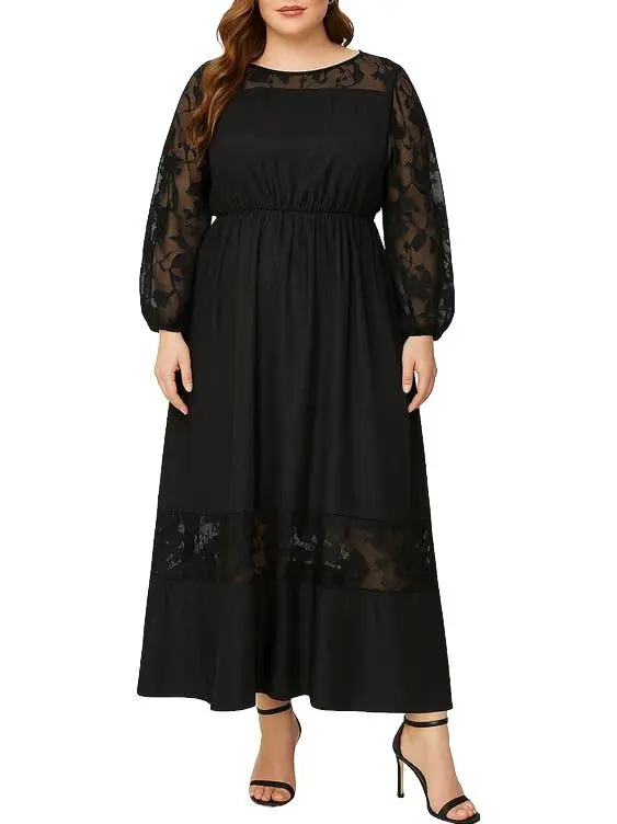 STANDARDS & PRACTICES Mixed Media Long Sleeve Maxi Dress - Black