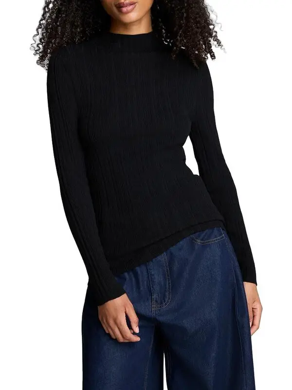KENNETH COLE Variegated Rib Mock Neck Sweater - Black