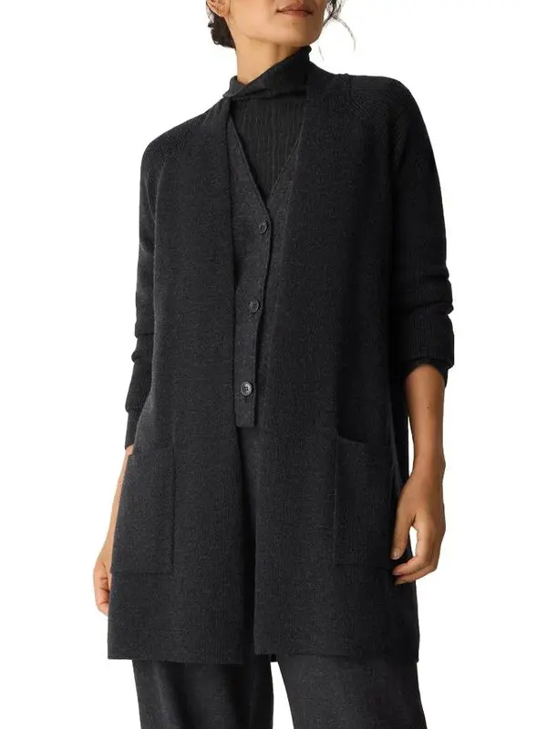 Eileen Fisher Wool Raglan Sleeve Cardigan - Charcoal