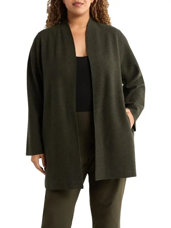 Eileen Fisher High Collar Open Front Boiled Wool Jacket - Woodland
