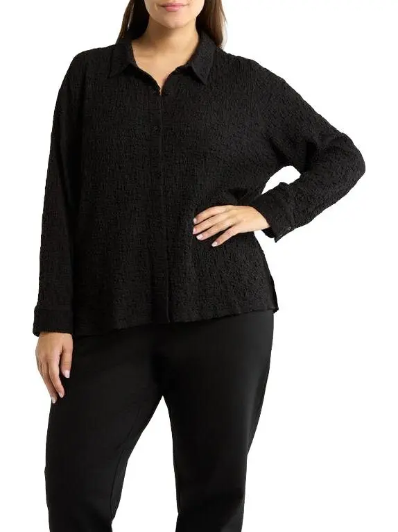 Eileen Fisher Slim Organic Cotton Blend Knit Button-up Shirt - Black