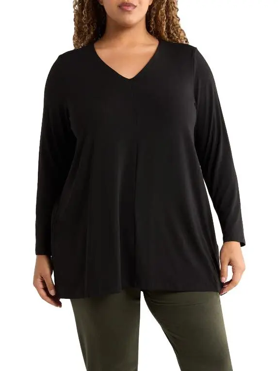 Eileen Fisher Long Sleeve V-neck Tunic Top - Black