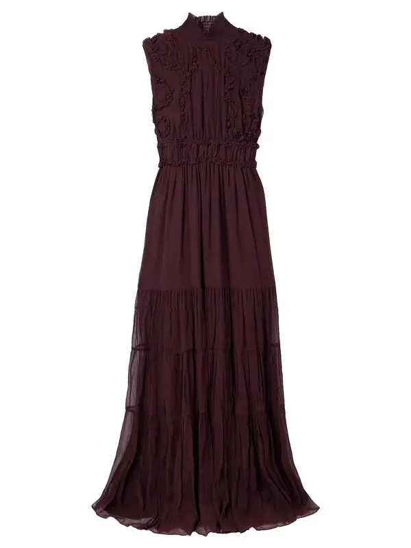Ulla Johnson Verona Ruffled Smocked Silk-crepon Gown - Burgundy