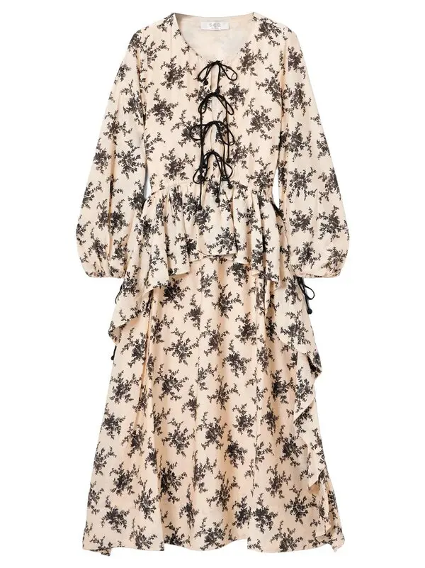 Sea Joan Tie-detailed Ruffled Floral-print Voile Midi Dress - Neutrals