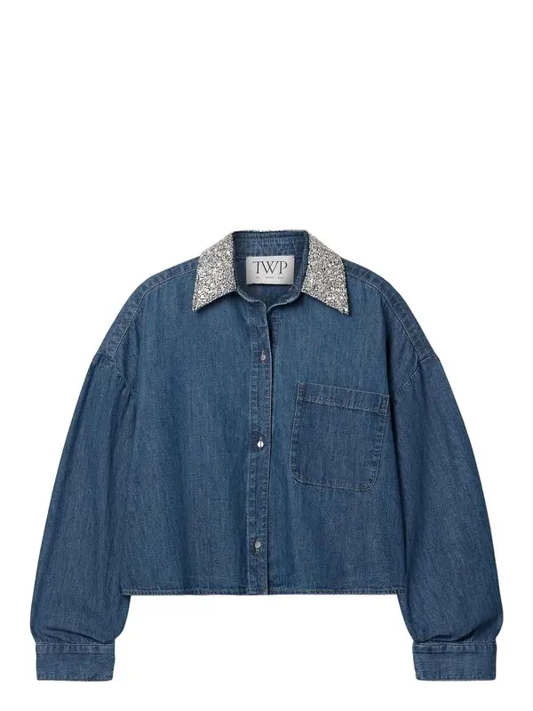 TWP Cropped Crystal-embellished Denim Shirt - Blue