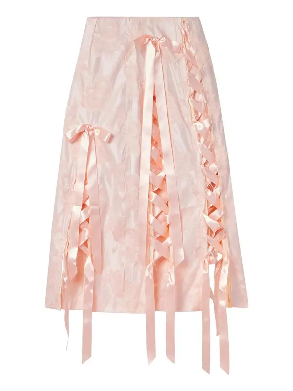 Simone Rocha Unraveling Ribbon Lace-up Brocade Midi Skirt - Pink