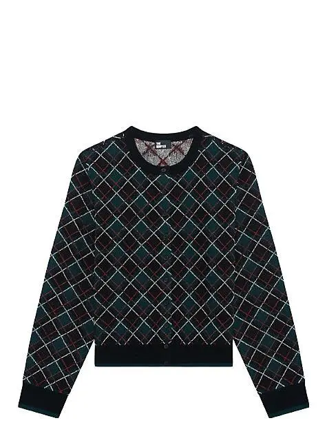 The Kooples Checked Slim-fit Stretch-knit Cardigan - Black Dark Green