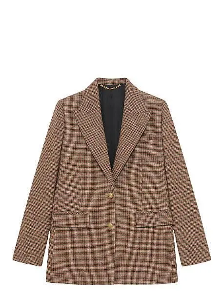 The Kooples Wool-blend Houndstooth Check Jacket - Camel Melange / Burgundy