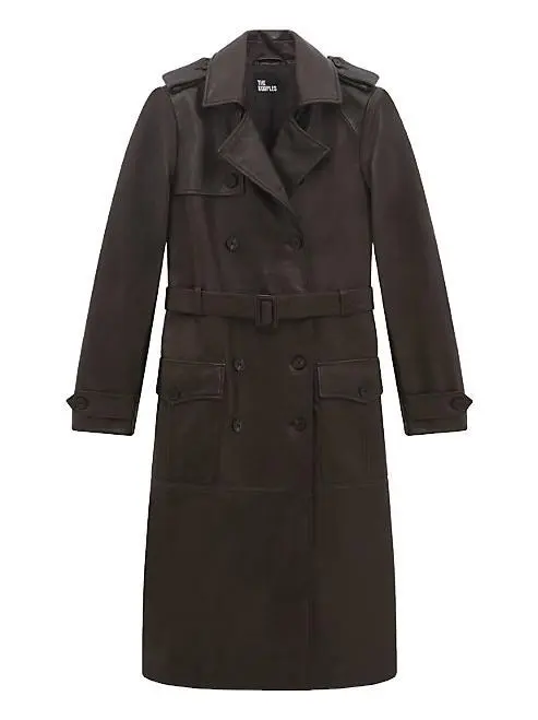 The Kooples Double-breasted Leather Trench Coat - Dark Brown Melange