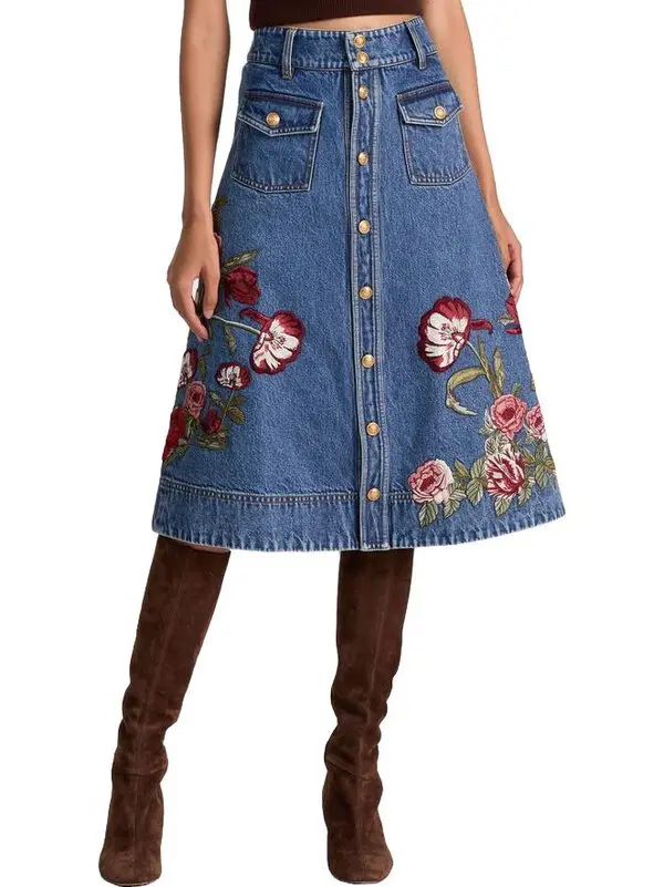 Alice + Olivia Dahlia Embroidered Skirt - Denim
