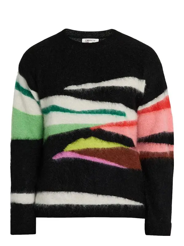 ZANKOV Abstract Intarsia Brushed Mohair Crewneck Sweater - Black Multi