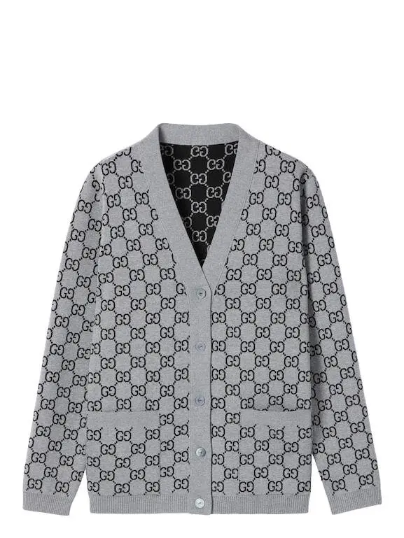 Gucci Reversible Gg Wool Jacquard Cardigan - Grey