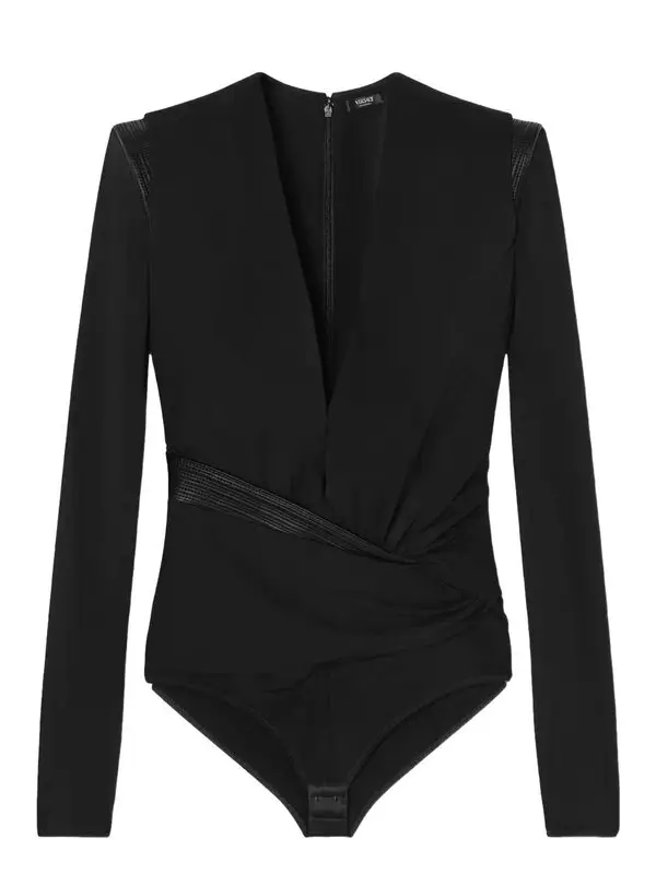 Versace Leather-trimmed Wrap Blouse - Black