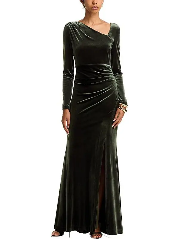Eliza J Long Sleeve Asymmetrical Neck Gown - Olive