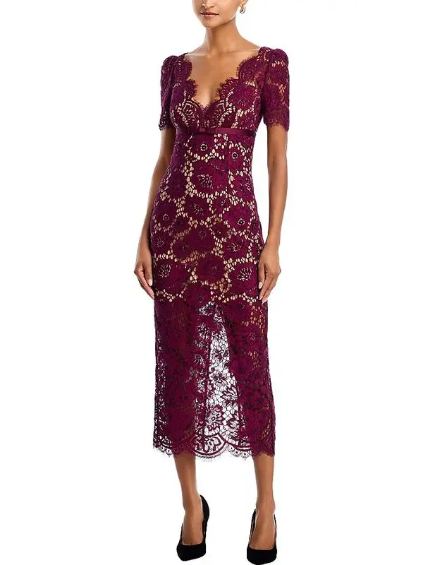 SELF-PORTRAIT Floral Lace Midi Dress - Burgundy