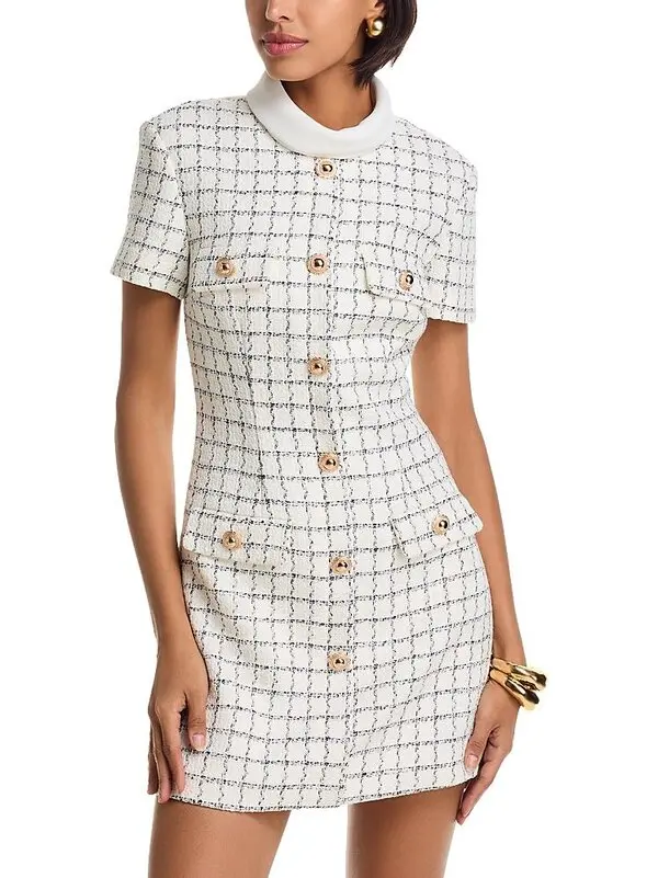 SELF-PORTRAIT Windowpane Check Boucle Mini Dress - Cream