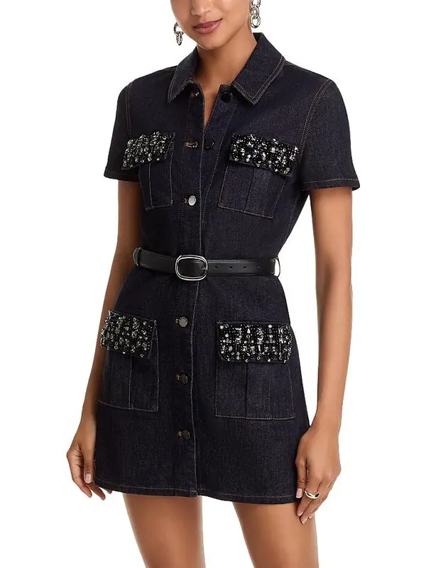 SELF-PORTRAIT Denim Crystal Trim Mini Dress - Black