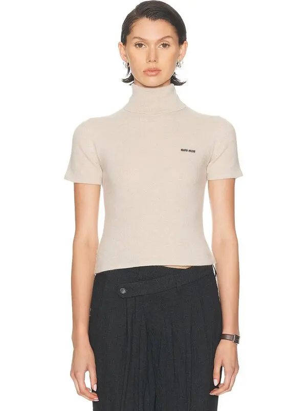 Miu Miu Turtleneck Short Sleeve Top - Sabbia