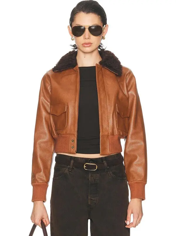 R13 Cropped Shrunken Zip Up Bomber Jacket - Orange & Brown