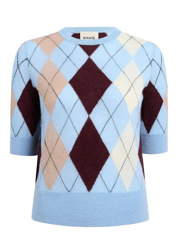 Khaite Anders Argyle Knit Top - Light Blue Multi