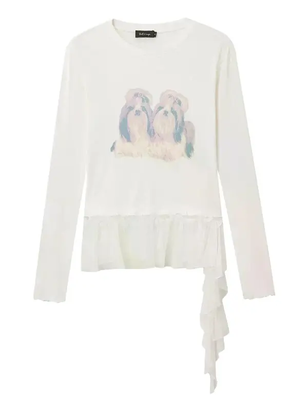 TOUT A COUP Dog-print T-shirt With Ruffled Hem - Neutrals