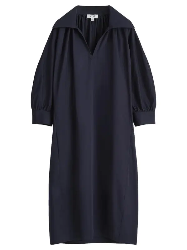 Cos Gathered Cotton Midi Shirt Dress - Navy