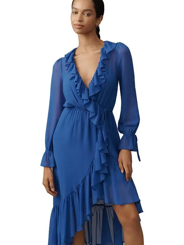 Anthropologie Long-sleeve Ruffled Asymmetric Midi Dress - Blue