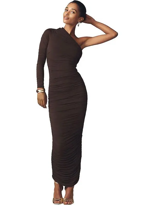 Ronny Kobo Sylvan Asymmetric Gathered Midi Dress - Brown