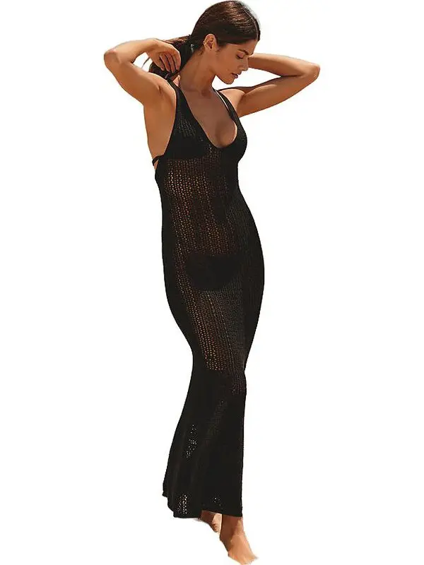 CELANDINE Plunge Sheer Knit Maxi Dress - Black