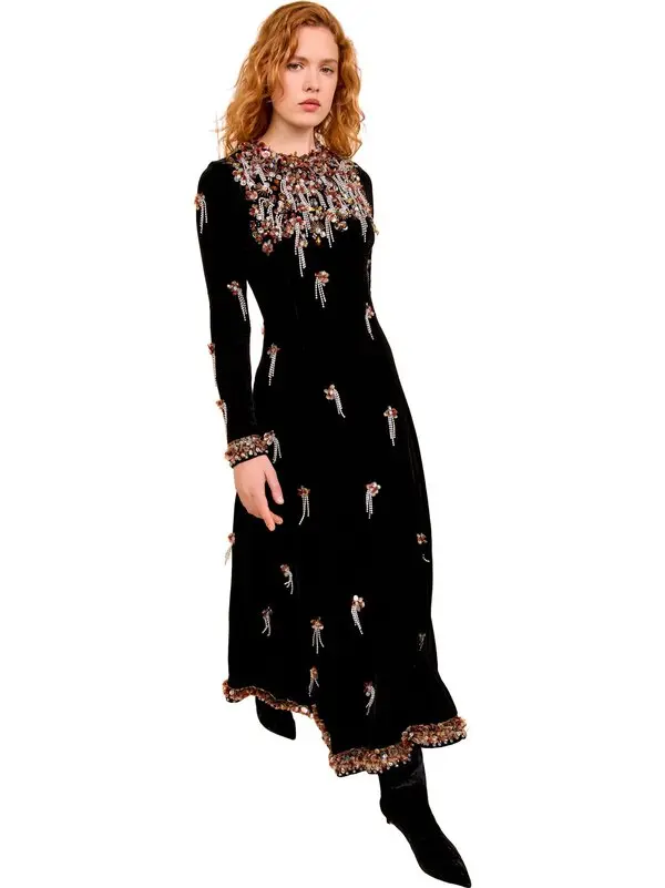 Ulla Johnson Loulou Swarovski Velvet Embroidery Midi Dress - Noir