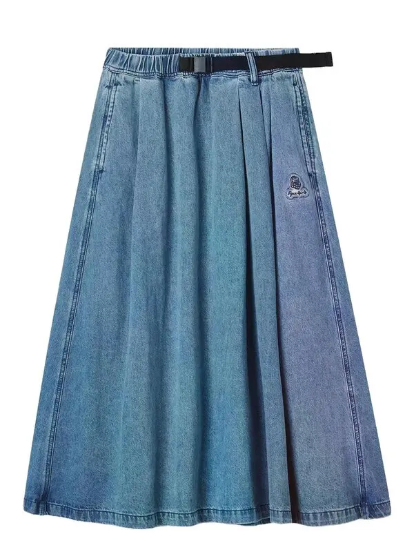 FINGERCROXX Belted Denim Midi Skirt - Blue