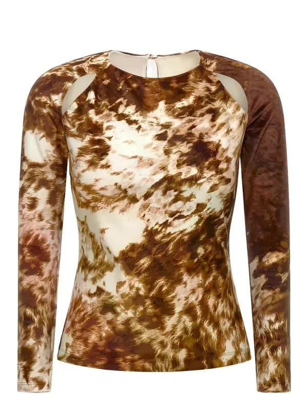 Roberto Cavalli Printed Long-sleeve Top With Cut-out Detail - Brown