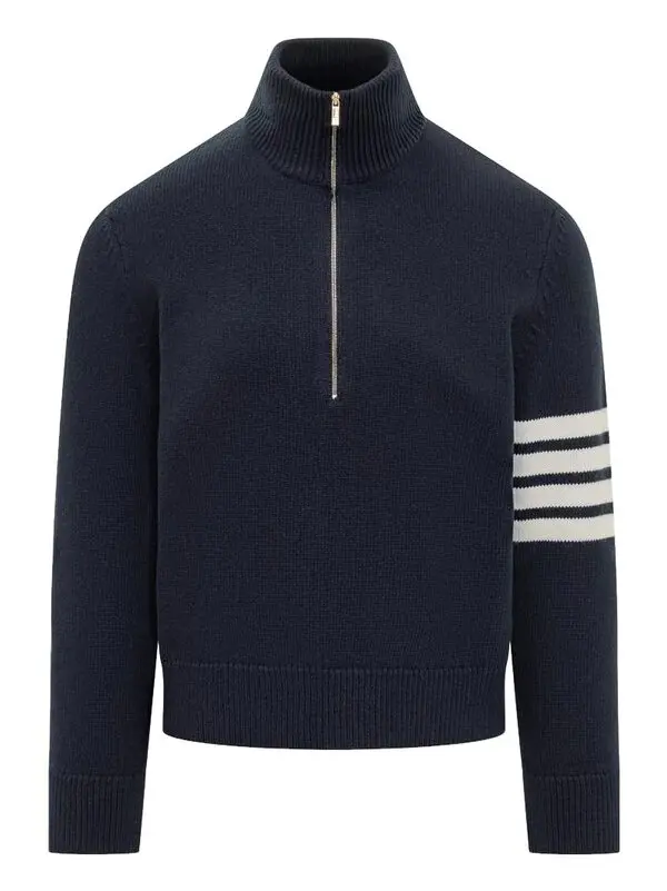 Thom Browne Sweater With Zip And Stripes - Blue