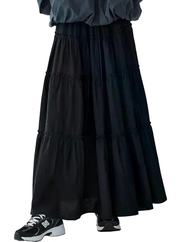 STUDIO TOMBOY Tiered Pleated Midi A-line Skirt - Black