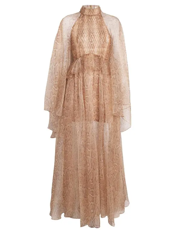 Zimmermann Silk Memento Smocked Flutter Maxi Dress - Brown