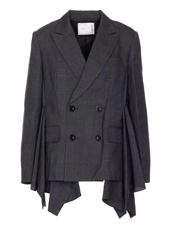 Sacai Glen-check Pleated Blazer - Grey