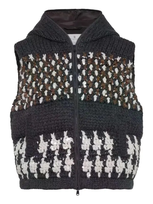 Brunello Cucinelli Sequin-embellished Houndstooth Hooded Vest - Grey