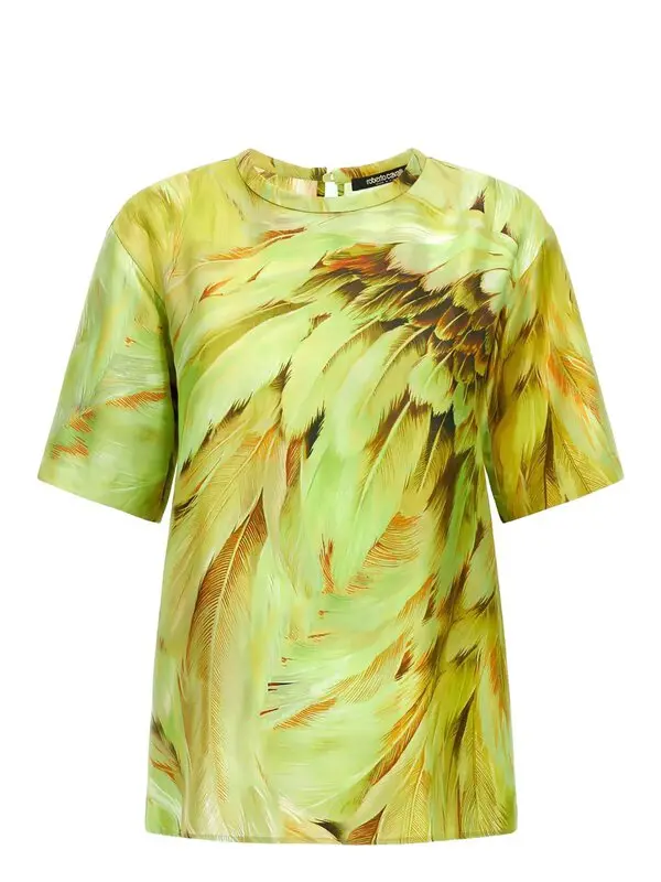 Roberto Cavalli Feather-print Silk T-shirt - Green