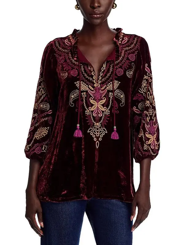 Johnny Was Embroidered Velvet Top - Blackberry