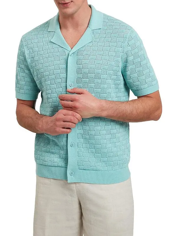 Ted Baker London Ridges Short Sleeve Textured Silk And Cotton Regular Fit Button Down Shirt - Green