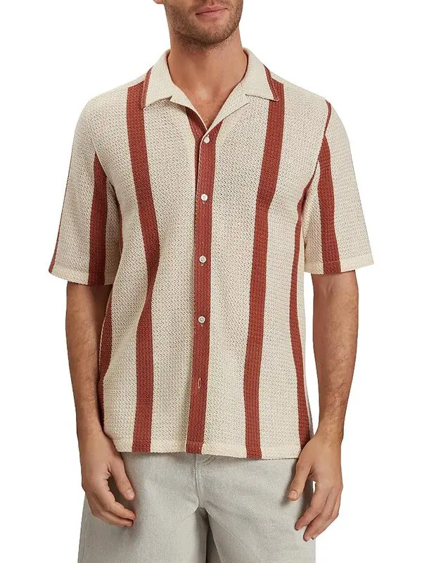 Ted Baker London Niks Short Sleeve Striped Crochet Regular Fit Button Down Shirt - Taupe