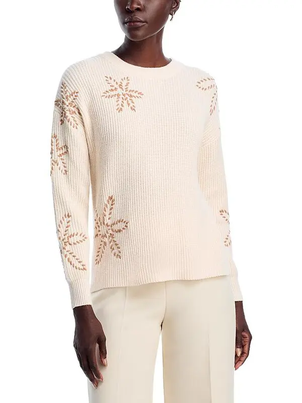 T Tahari Long Sleeve Crewneck Sweater With Embroidery - Cream/blonde Wood