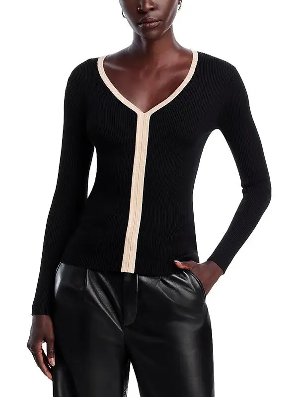 T Tahari Long Sleeve V-neck Ribbed Sweater - Black Combo