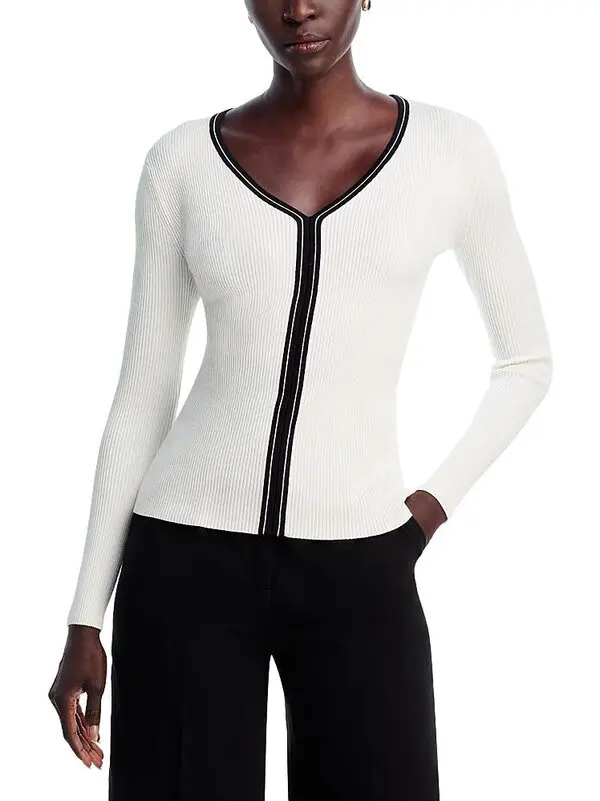 T Tahari Long Sleeve V-neck Ribbed Sweater - White Star