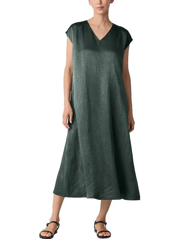 Eileen Fisher Satin V-neck Midi Dress - Everglade