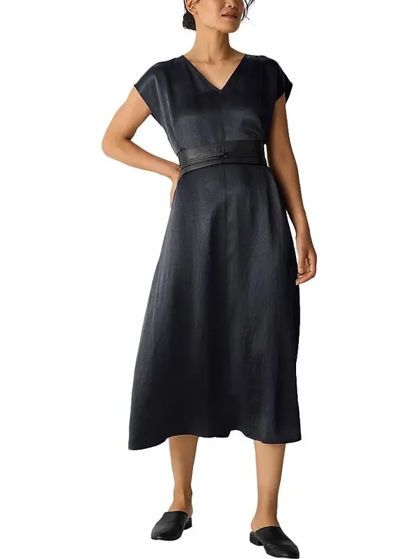 Eileen Fisher Satin V-neck Midi Dress - Graphite