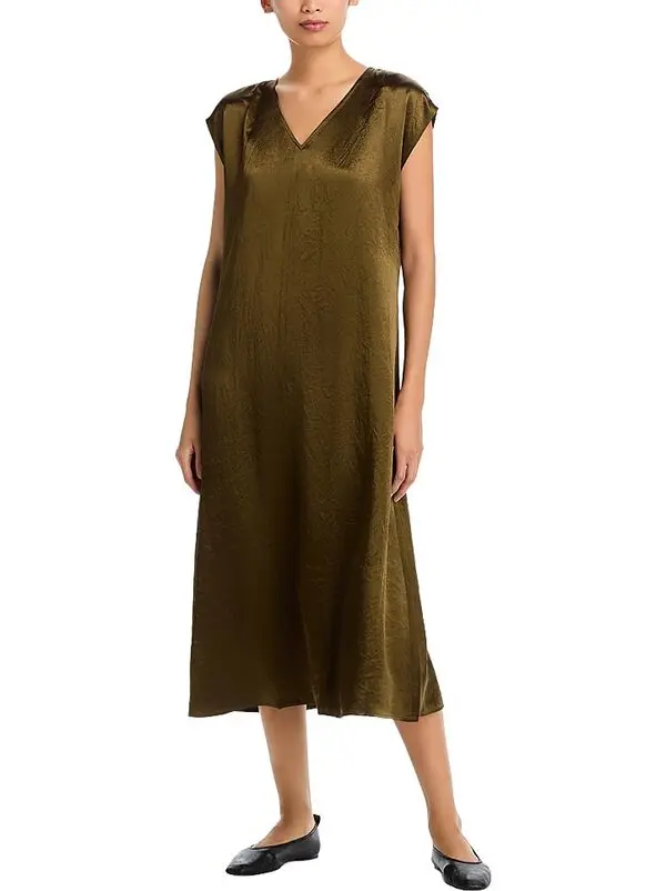 Eileen Fisher Satin V-neck Midi Dress - Serpentine